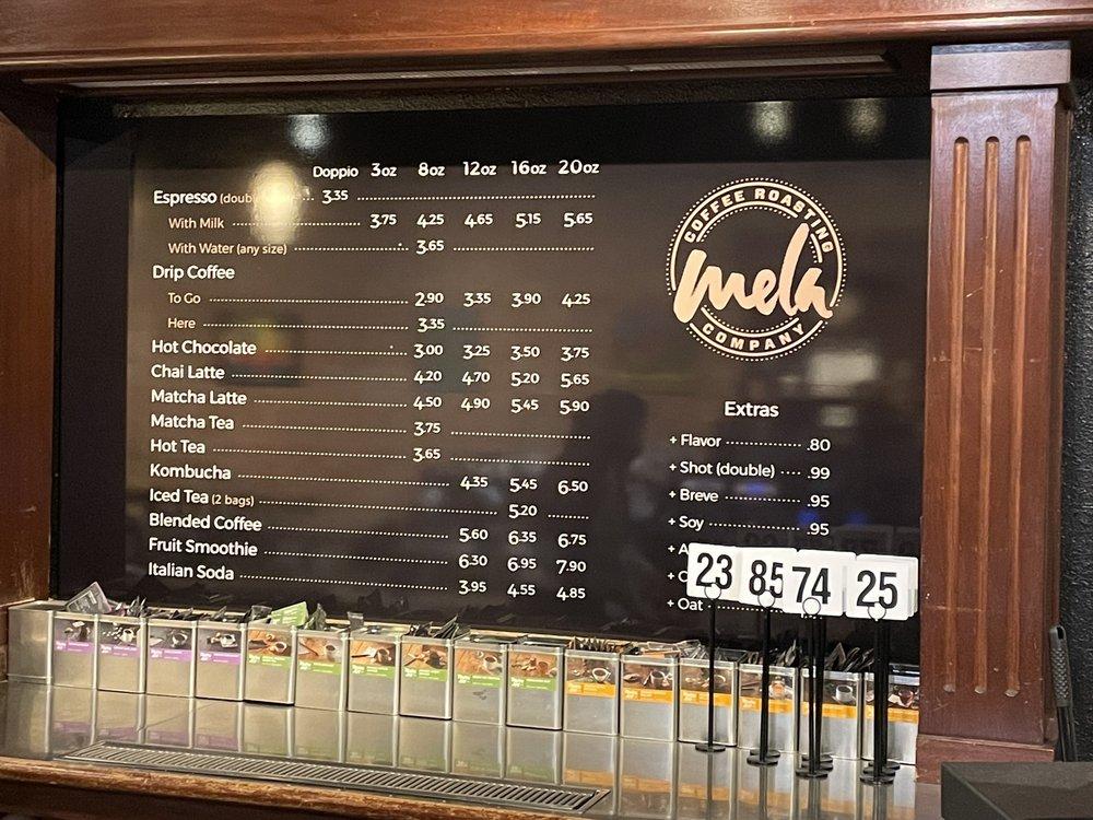 Menu at Mela Coffee Roasting Co. cafe, Wenatchee