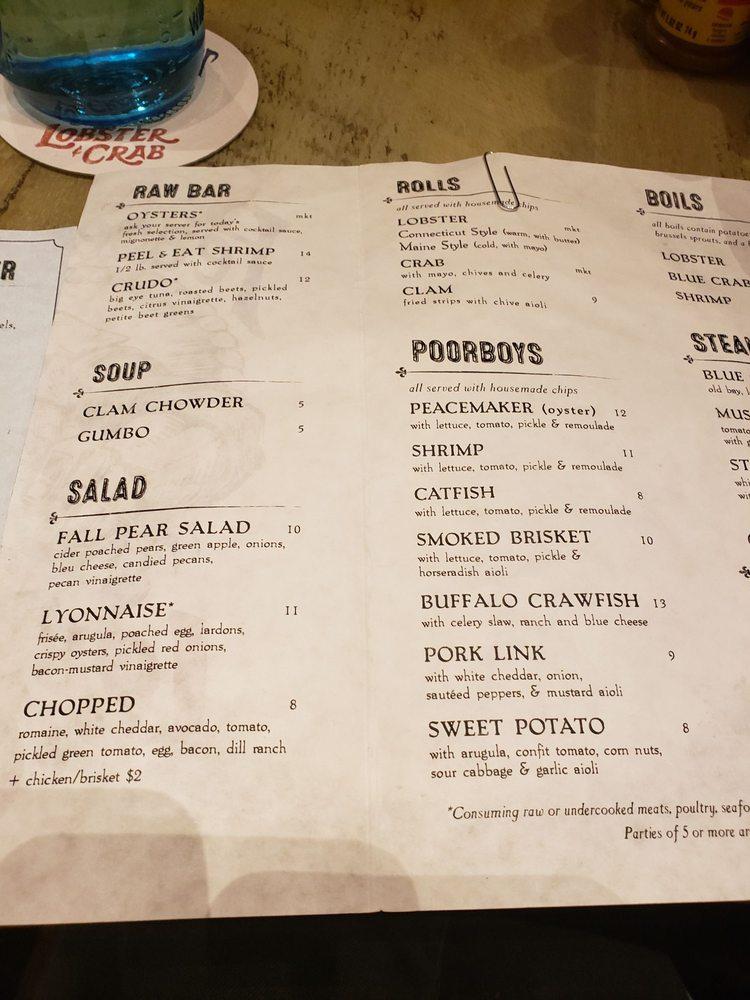 Menu at Peacemaker Lobster & Crab Co. restaurant, Tulsa