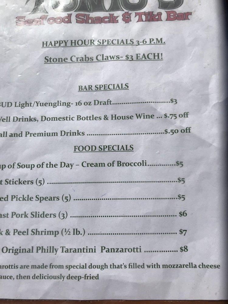 Menu at Tonio's Seafood Shack & Tiki Bar, Summerland Key