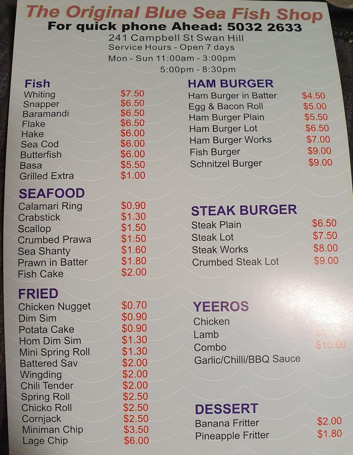 Blue Sea Fish Shop, Swan Hill - Restaurant menu, prices and reviews
