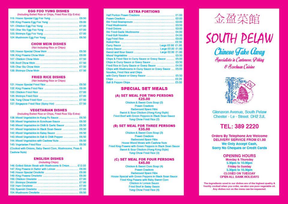 South Pelaw Chinese Takeaway, Chester-le-Street - Restaurant menu ...