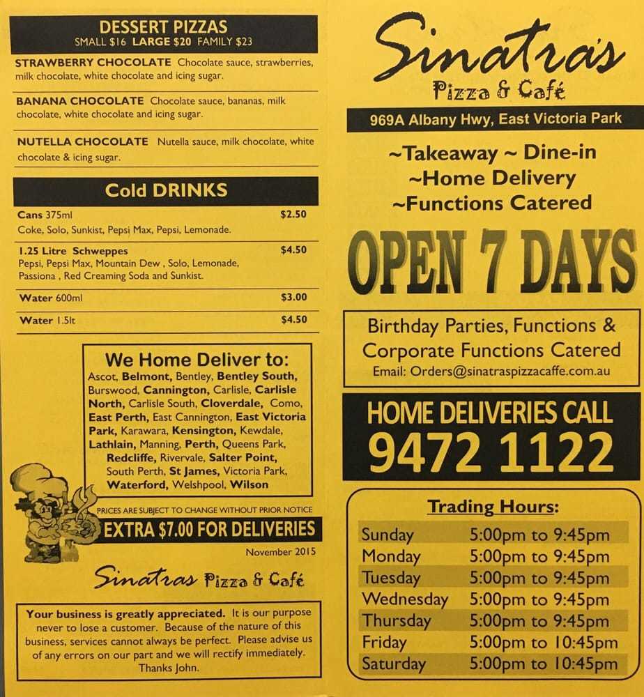 Sinatra's Pizza & Cafe in East Victoria Park - Restaurant menu and reviews