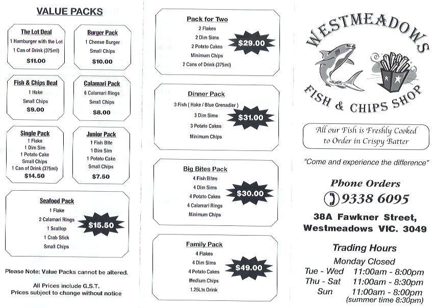 Westmeadows Fish & Chip Shop in Westmeadows - Restaurant menu and reviews