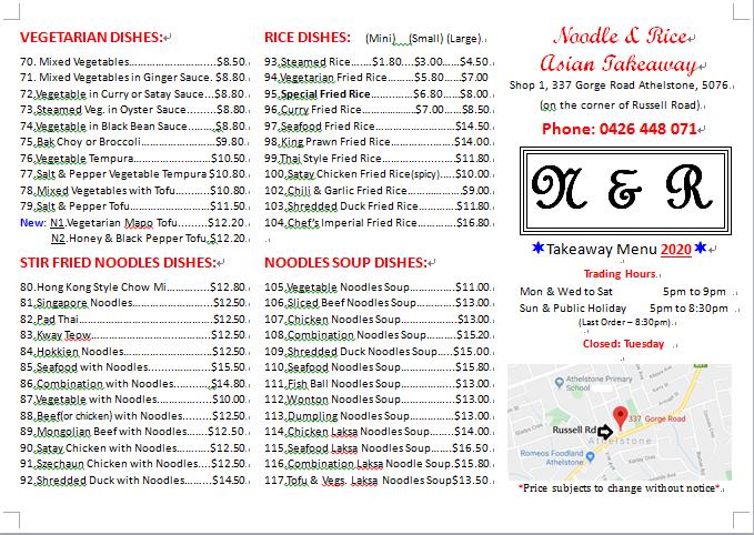 M & R Noodle & Rice Asian Takeaway, Athelstone - Restaurant menu ...