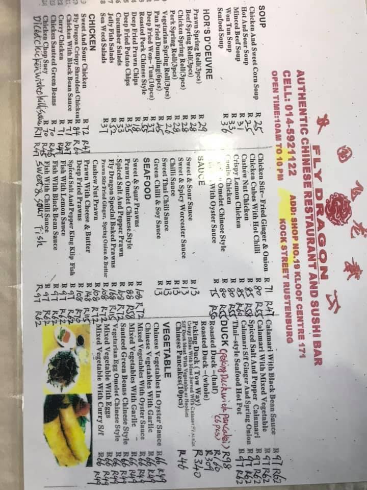 Fly Dragon, Rustenburg - Restaurant menu, prices and reviews