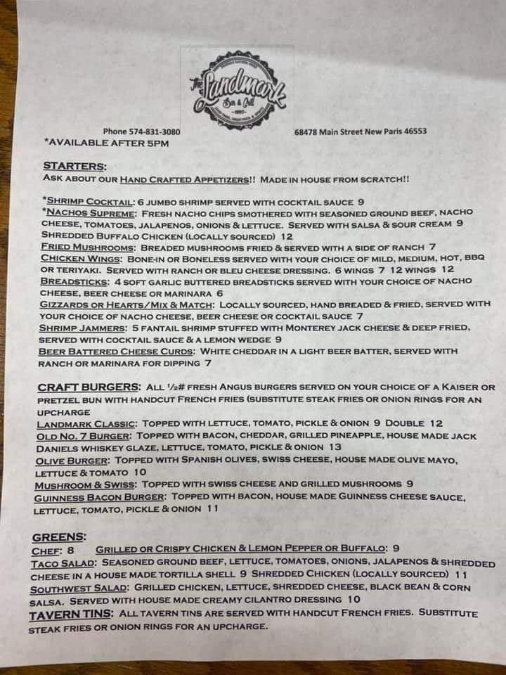 Landmark Bar & Grill in New Paris - Restaurant menu and reviews