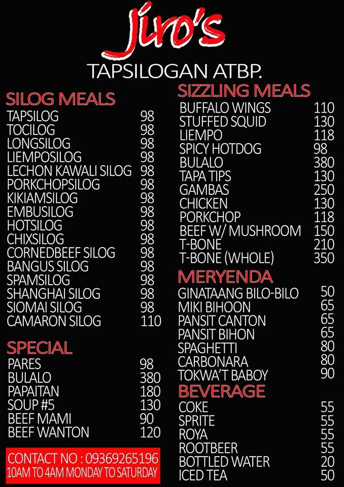 Jiro's Tapsilogan Atbp. restaurant, Quezon City - Restaurant menu and ...