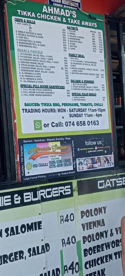 Ahmad's Tikka Chicken & Takeaways, Cape Town - Restaurant menu, prices ...