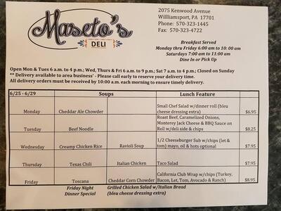 Maseto's, Williamsport - Restaurant menu, prices and reviews