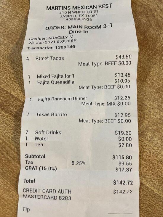 Menu at Martin's Mexican Restaurant, Jasper