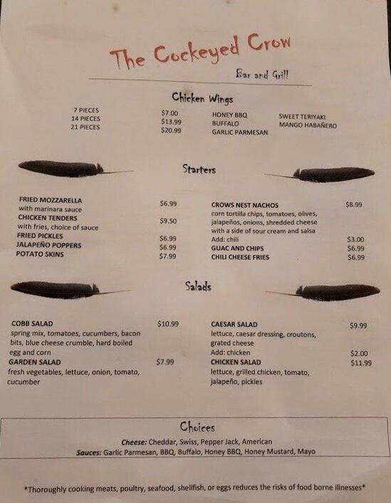 Menu at Cockeyed Crow Bar & Grill, North Haven