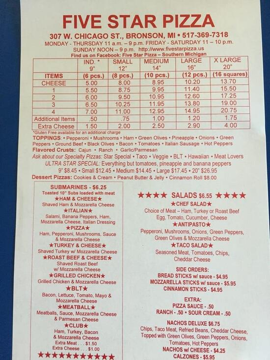 Menu at Five Star Pizza pizzeria, Bronson