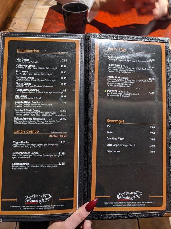 Menu at DoDo SUSHI restaurant, Vancouver