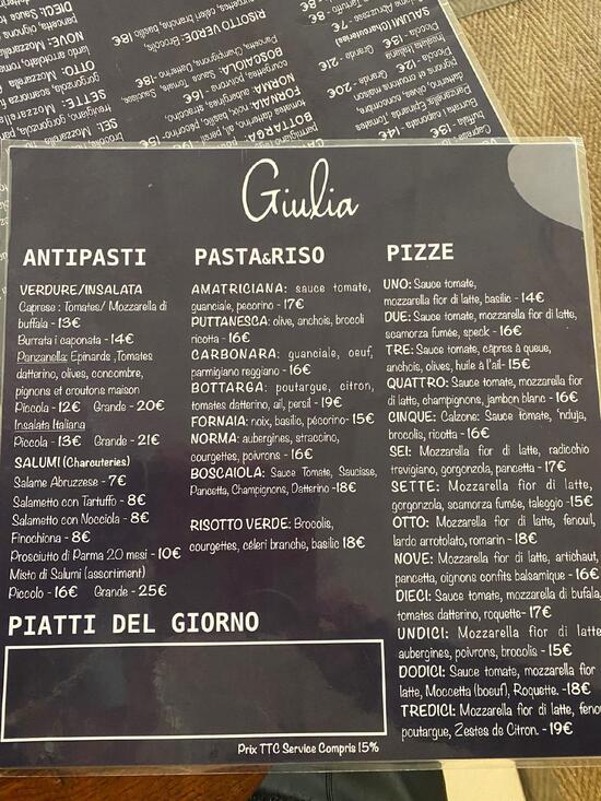 Menu at Ristorante Giulia restaurant, Paris, 26 Rue Edouard Jacques