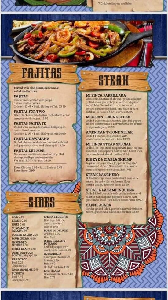 Menu at Mi Finca Mexican Restaurant, Wallace
