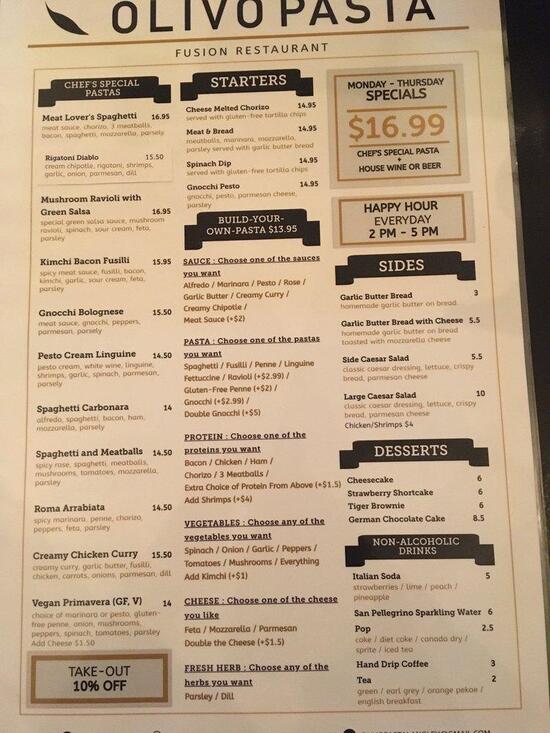 Menu at Olivo Pasta Langley restaurant, Langley Township