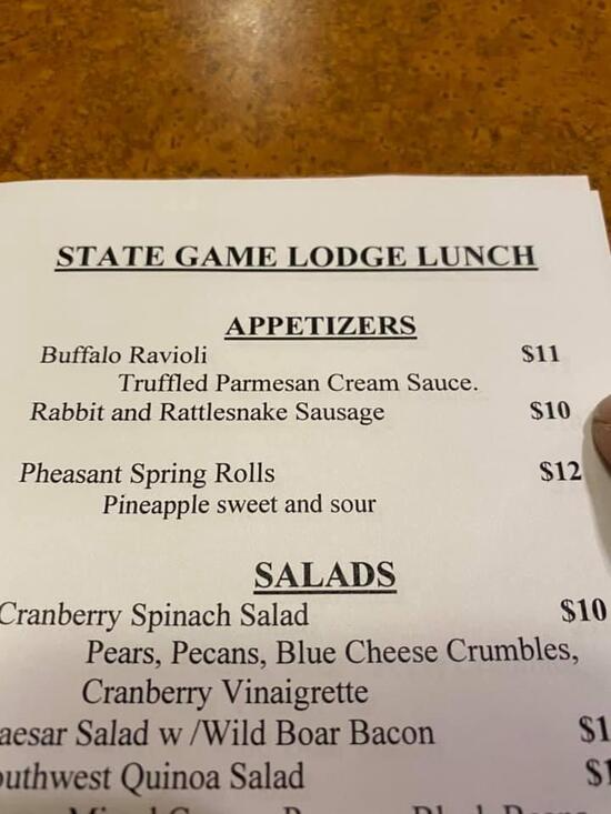 Menu at State Game Lodge restaurant, USA