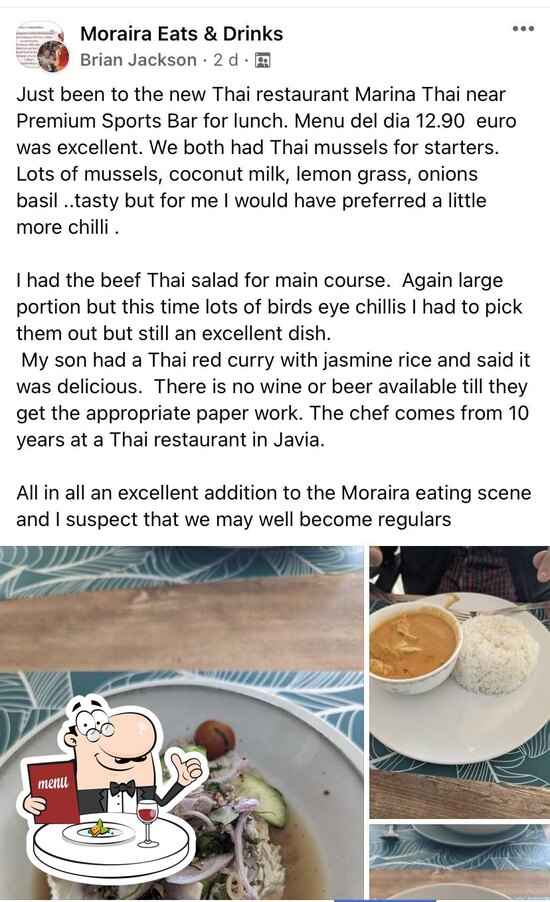 Menu at Marina Thai restaurant, Moraira