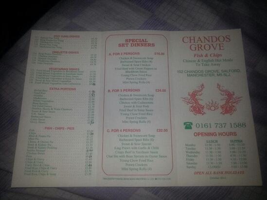 Menu at Chandos Chippy restaurant, Salford