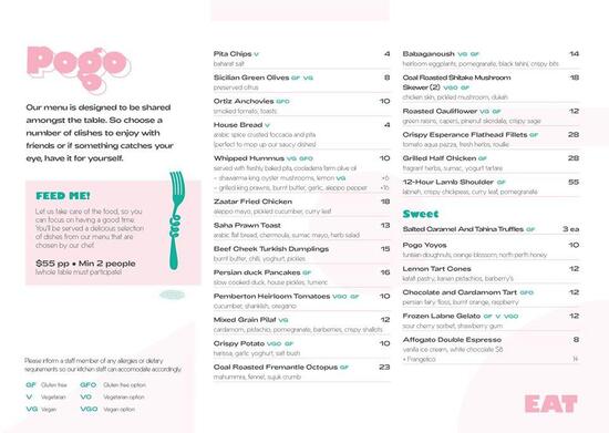 Menu at Pogo restaurant, Mount Hawthorn