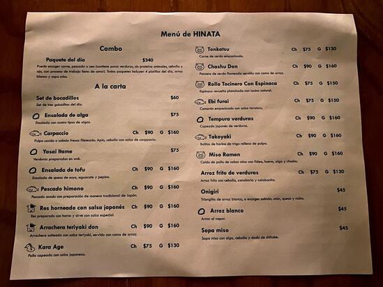 Menu at Restaurante Hinata, Holbox