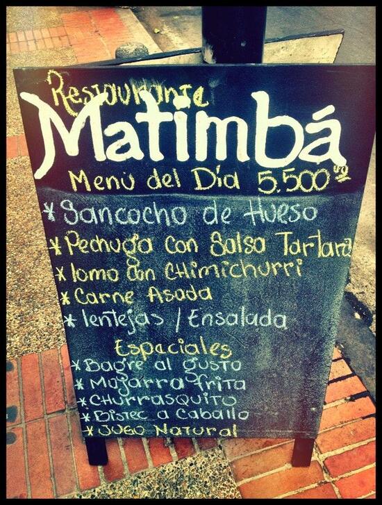 Menu at Matimba restaurant, Bogotá