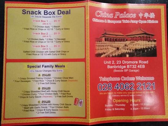 Menu at China Palace fast food, Banbridge