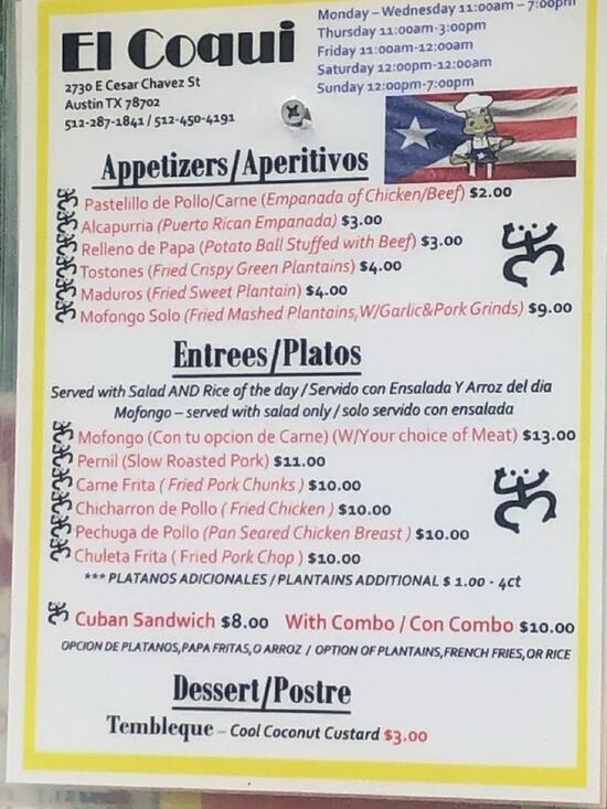 Menu at El Coqui restaurant, Austin, E. Cesar Chavez