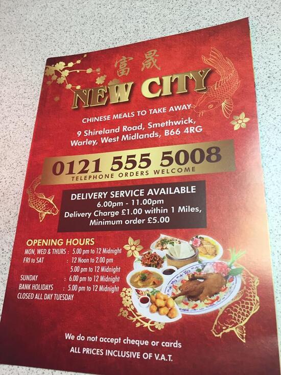 Menu at The New City fast food, Smethwick, 9 Shireland Rd
