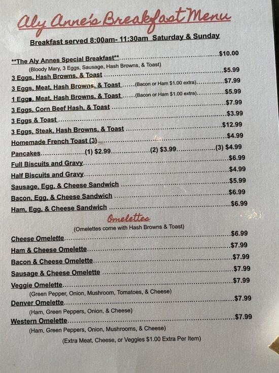Menu at ALY ANNE'S Bar And Grill, Dwight