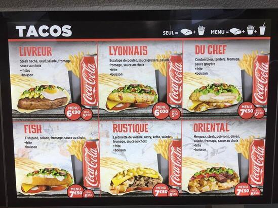 Menu at Los Tacos restaurant, Belfort