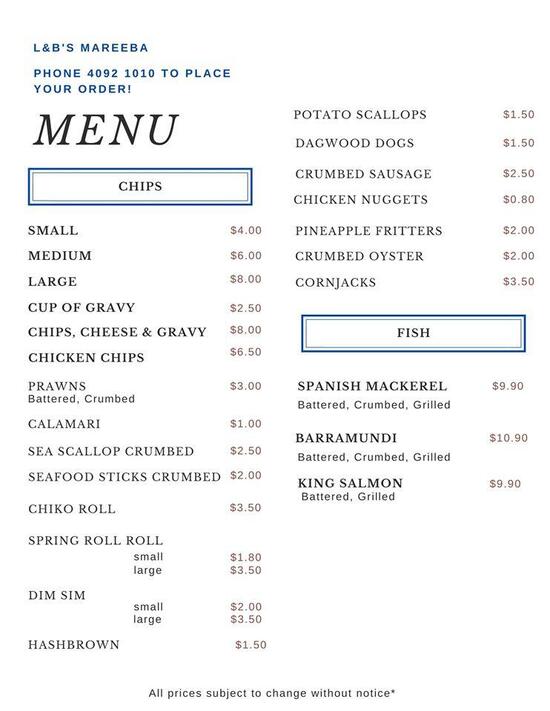 Menu at L&Bs Fish n Chips restaurant, Mareeba