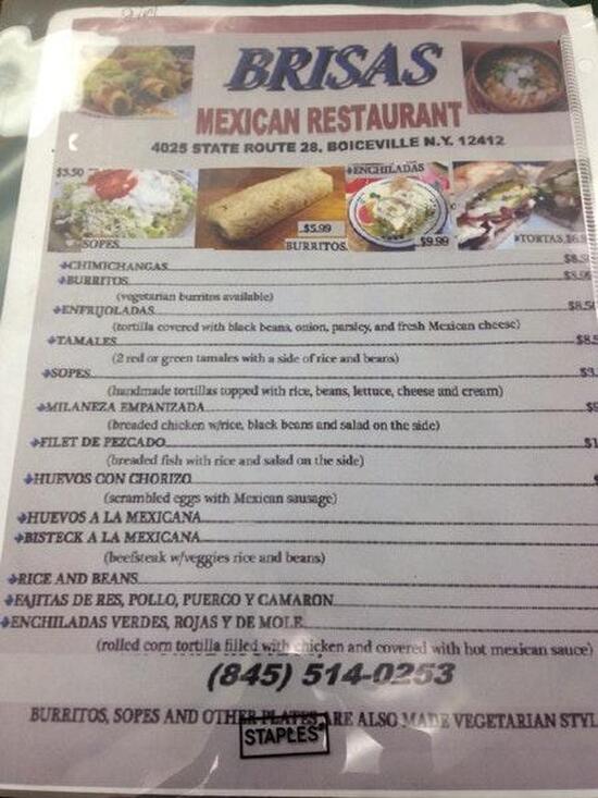Menu at Brisas restaurant, Boiceville