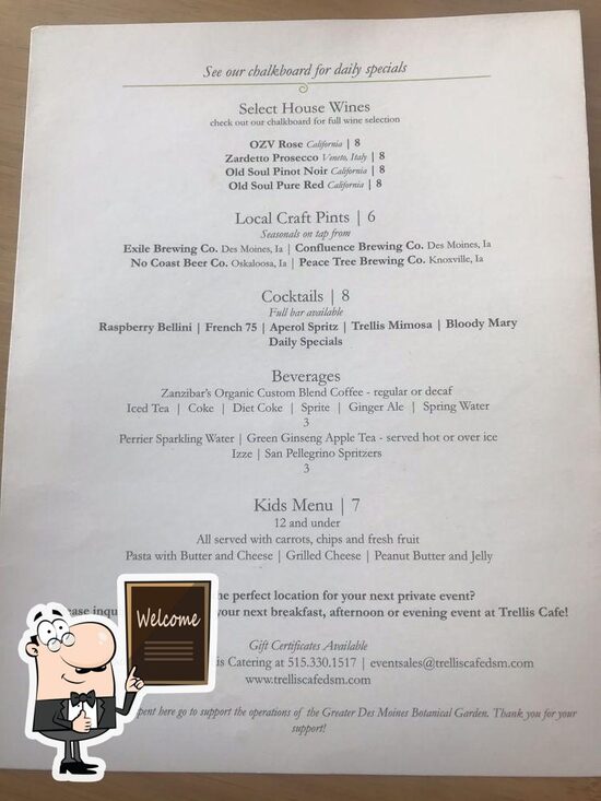 Menu at Trellis cafe, Des Moines