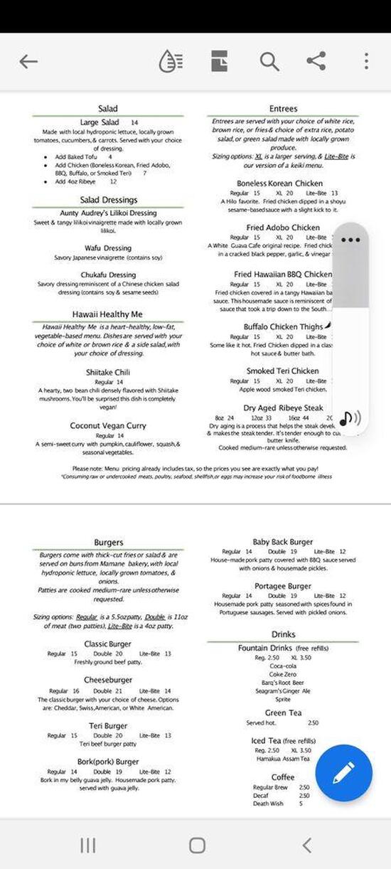 Menu at White Guava Cafe, Hilo, 54 E Puainako St