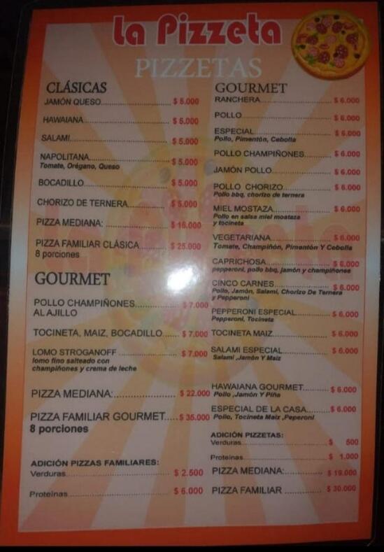 Menu at La Pizzeta restaurant, San Marcos