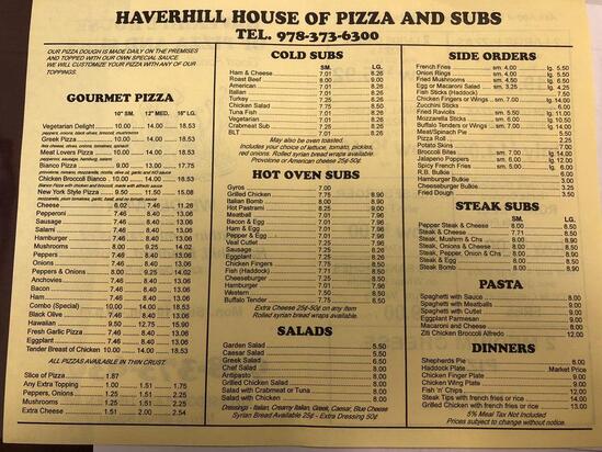 Menu at Haverhill House of Pizza and Subs pizzeria, Haverhill