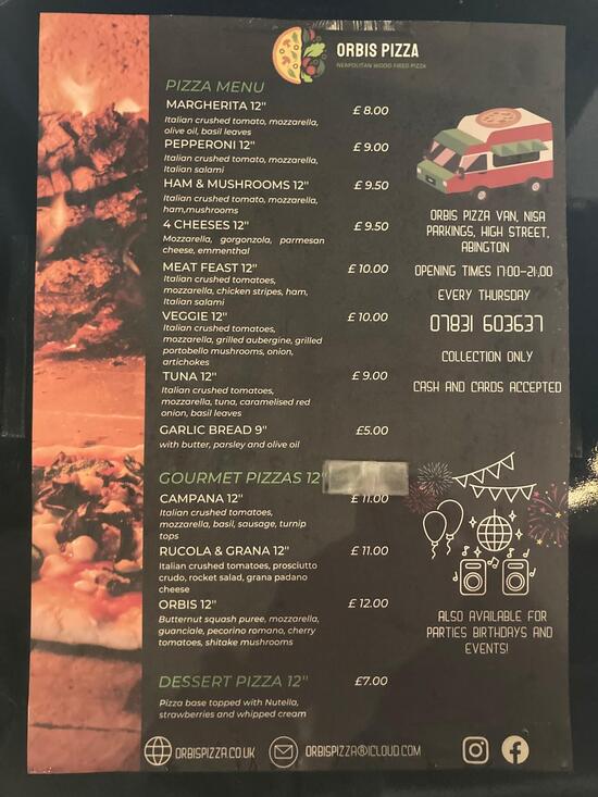 Menu at Orbis pizza pizzeria, Cambridge