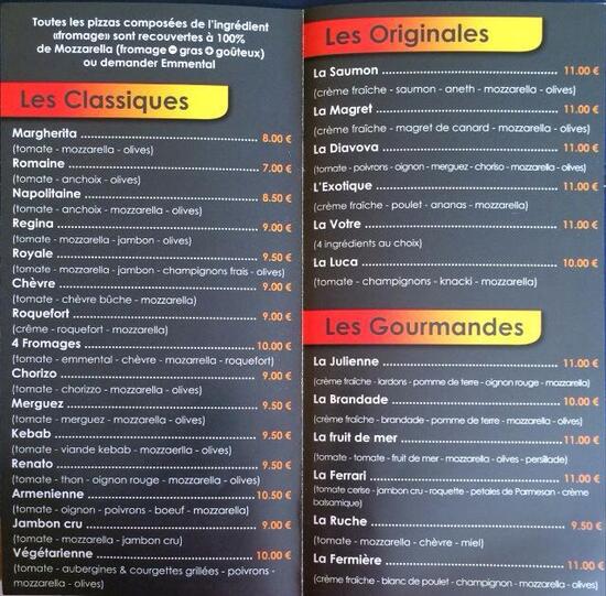 Menu at Pizza di Luca pizzeria, Châteaurenard