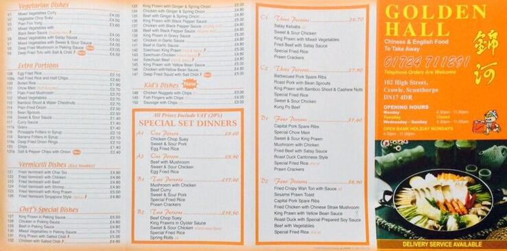 Menu at Golden Hall Chinese Takeaway, Scunthorpe