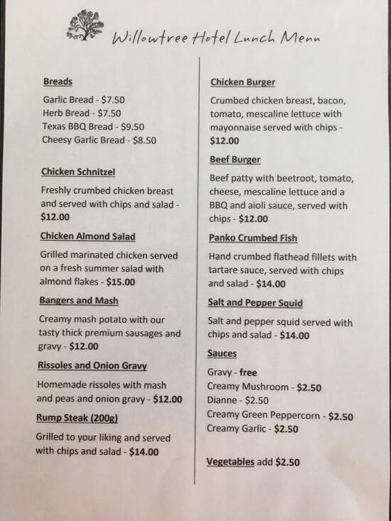 Menu at Willow Tree Hotel Scone pub & bar, Scone
