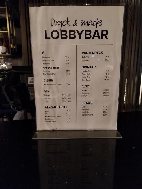 Menu at Lobby Bar, Piteå