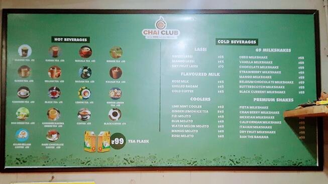 Menu at Chai club julywada, Hanamkonda