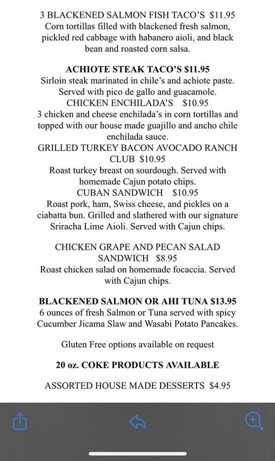 Menu at Backroads Bistro restaurant, Panguitch