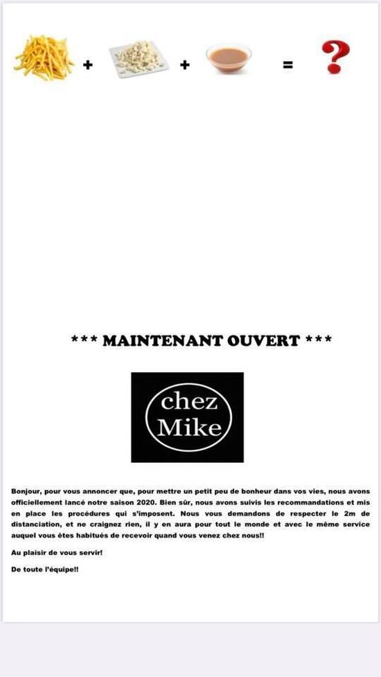 Menu au Casse-Croûte Chez Mike restaurant, Canada, 570 Chem. St François O