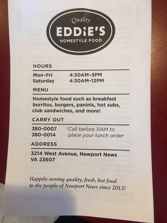 Carta del restaurante Eddie's, Newport News