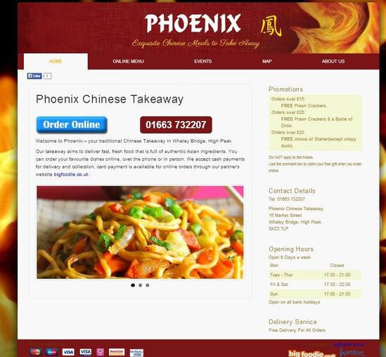 Carta de comida rápida Phoenix Chinese Takeaway, Whaley Bridge