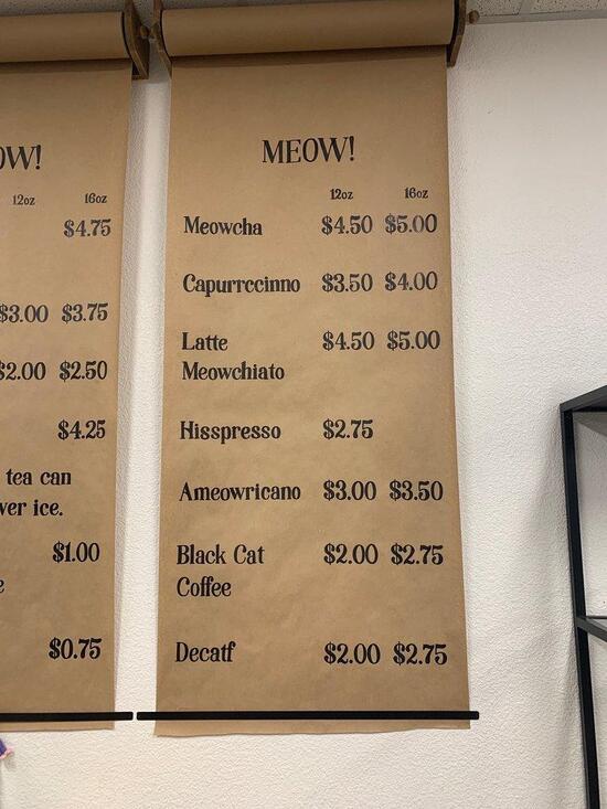 Menu at Catffeinated cafe, Tacoma