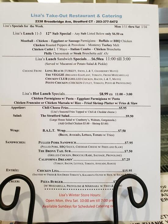 Menu at Lisa's Take Out Restaurant & Catering, Stratford