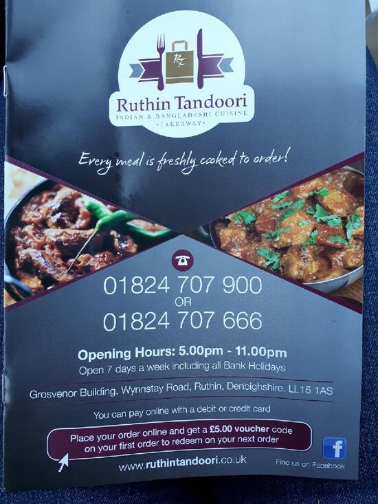 Menu at Ruthin Tandoori restaurant, Ruthin